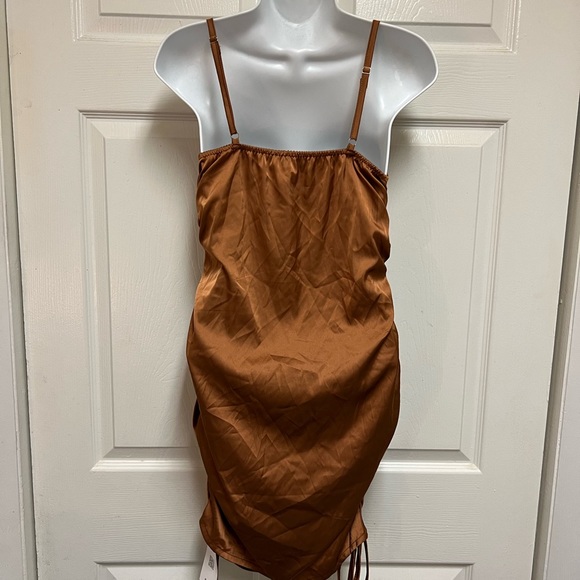 ROMWE | Dresses | Romwe Copper Draped Side Drawstring Satin Bodycon ...